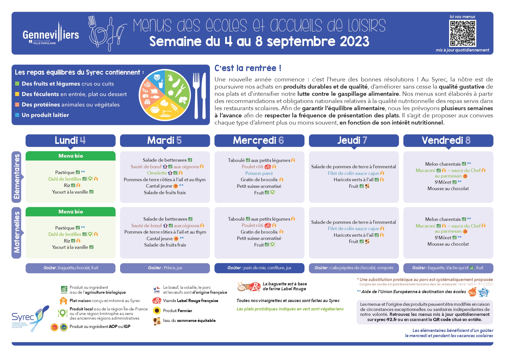 Les menus pour la rentrée pour les scolaires sont disponibles! - Syrec